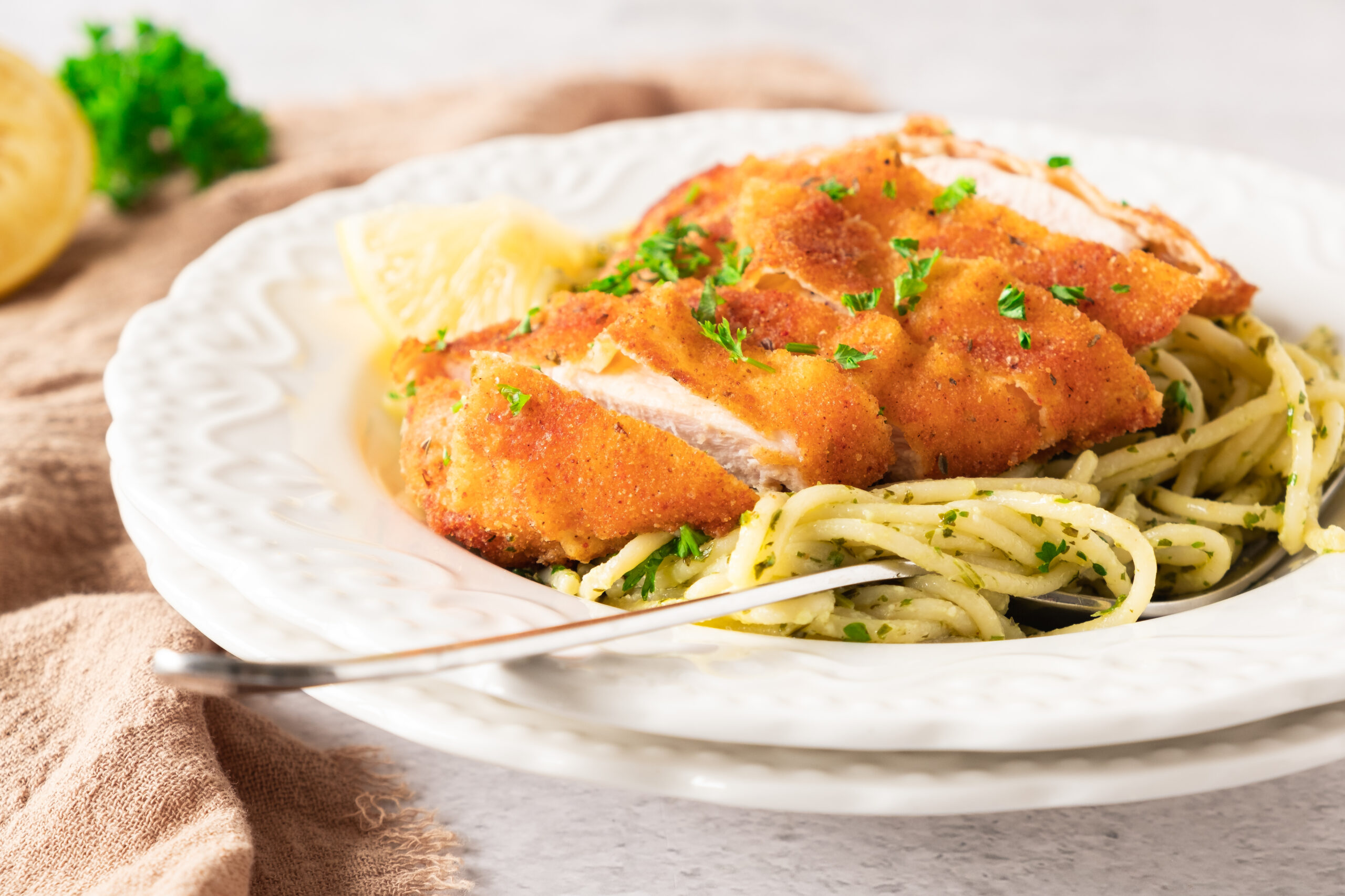 Crispy Lemon Garlic Chicken with Spaghetti - Mixin Mamas